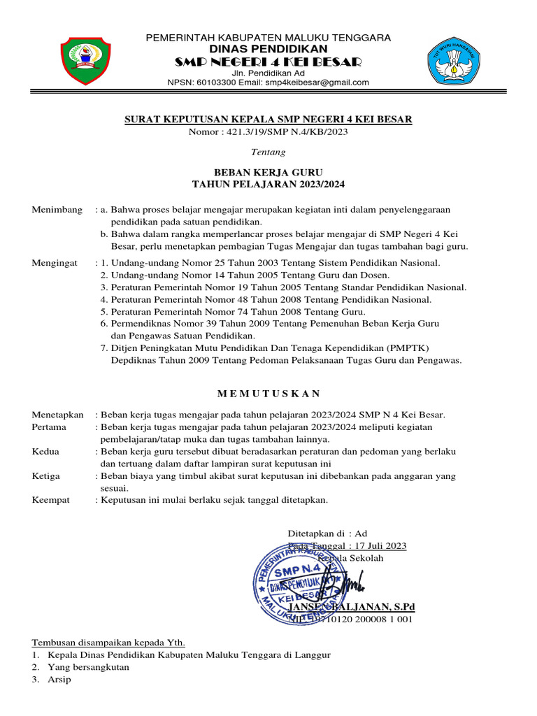 SK Kepsek SMP 4 Beban Kerja Guru 2023.2024 | PDF