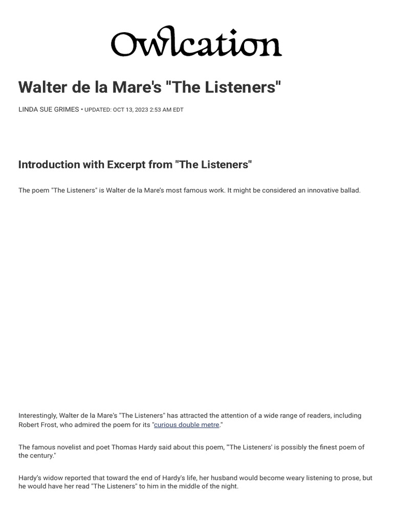 Walter de La Mare's - The Listeners - Owlcation | PDF | Poetry