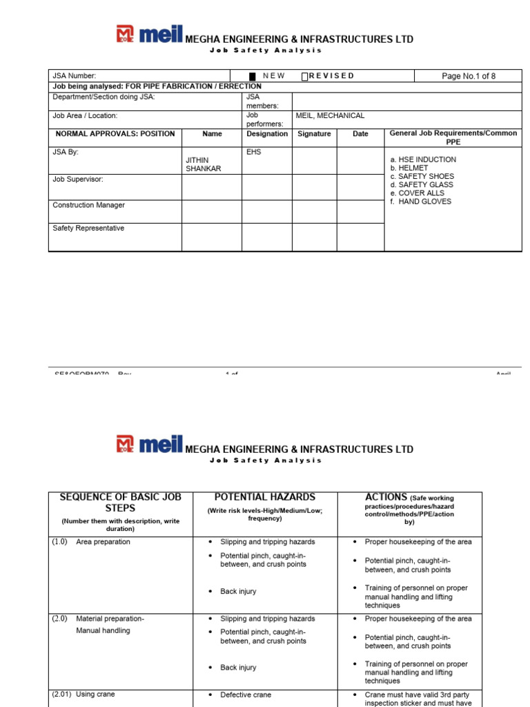 Jsa For Pipe Fabrication Errection | PDF | Crane (Machine) | Personal Protective Equipment