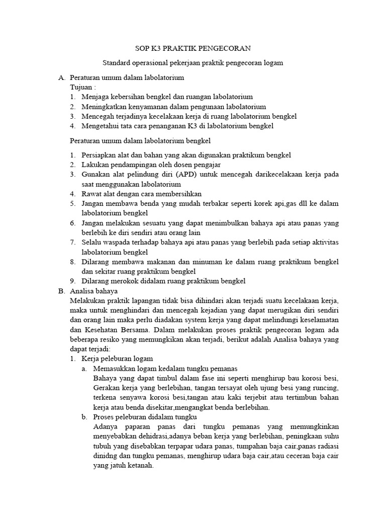 Sop K3 Praktik Pengecoran | PDF | Teknologi & Rekayasa