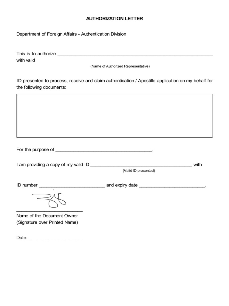 DFA Apostille Authorization Letter Sample | PDF
