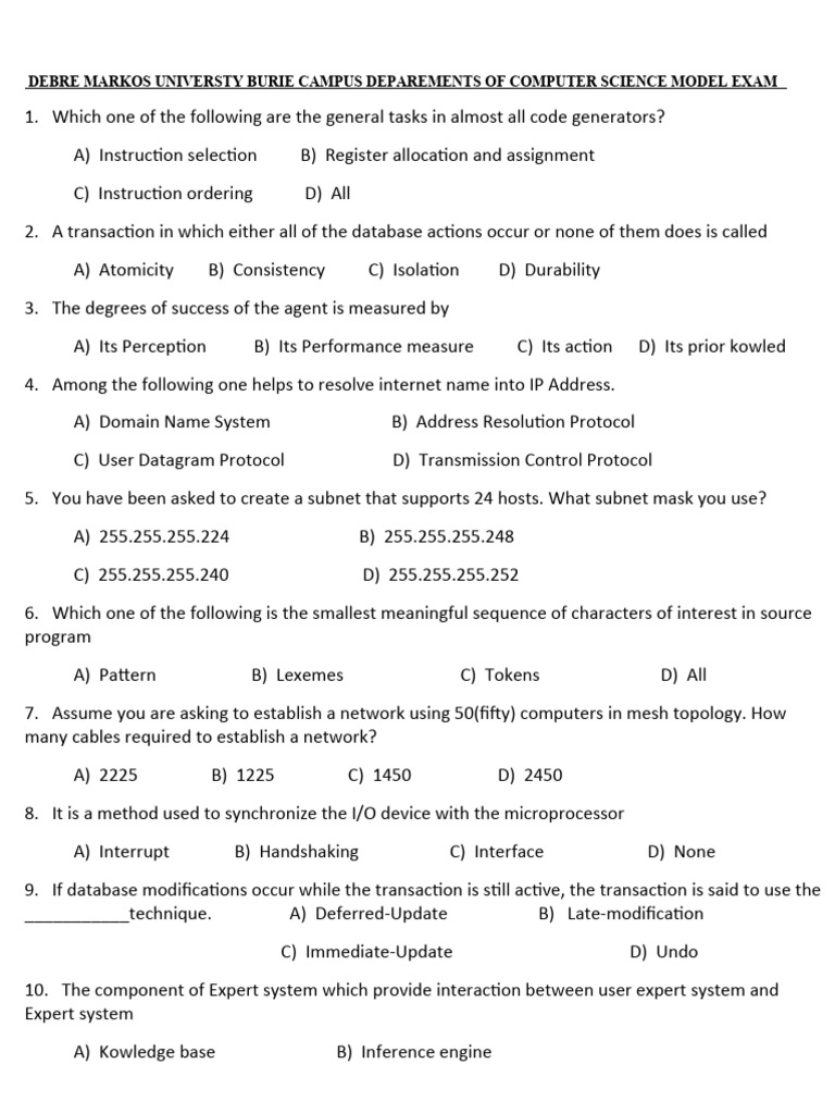 2015 Model Exam | PDF | Computer Network | Databases
