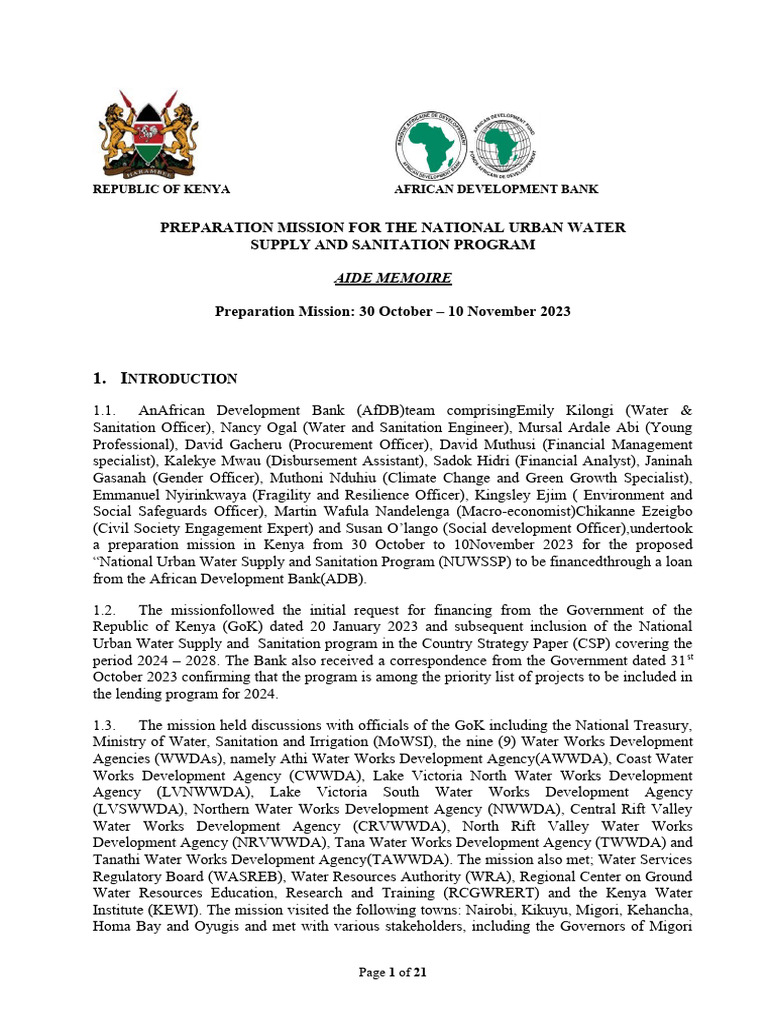 Draft - Aide Memoire-Preparation Mission - National Urban Water Supply ...