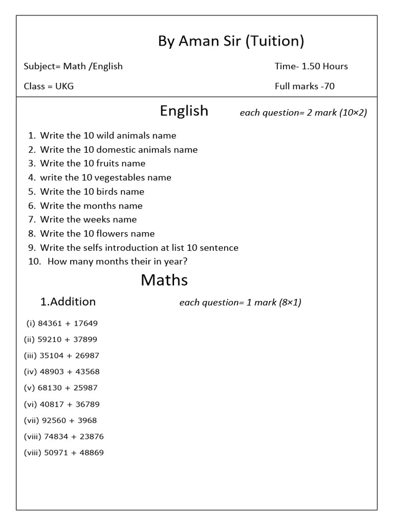 UKG Math & English Exam Paper | PDF