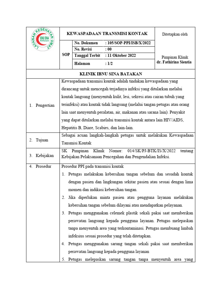 2.3.1.2. Sop Kewaspadaan Transmisi Kontak | PDF