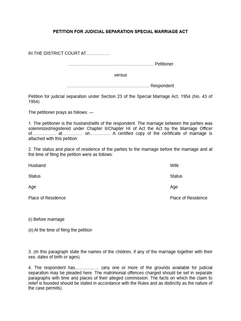 Petition For Judicial Separation Special Marriage Act | Download Free PDF | Marriage | Justice