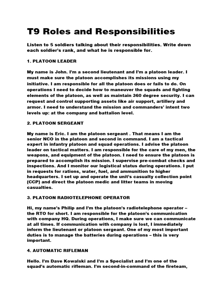 T9 Roles and Responsabilities | PDF | Platoon | Company (Military Unit)