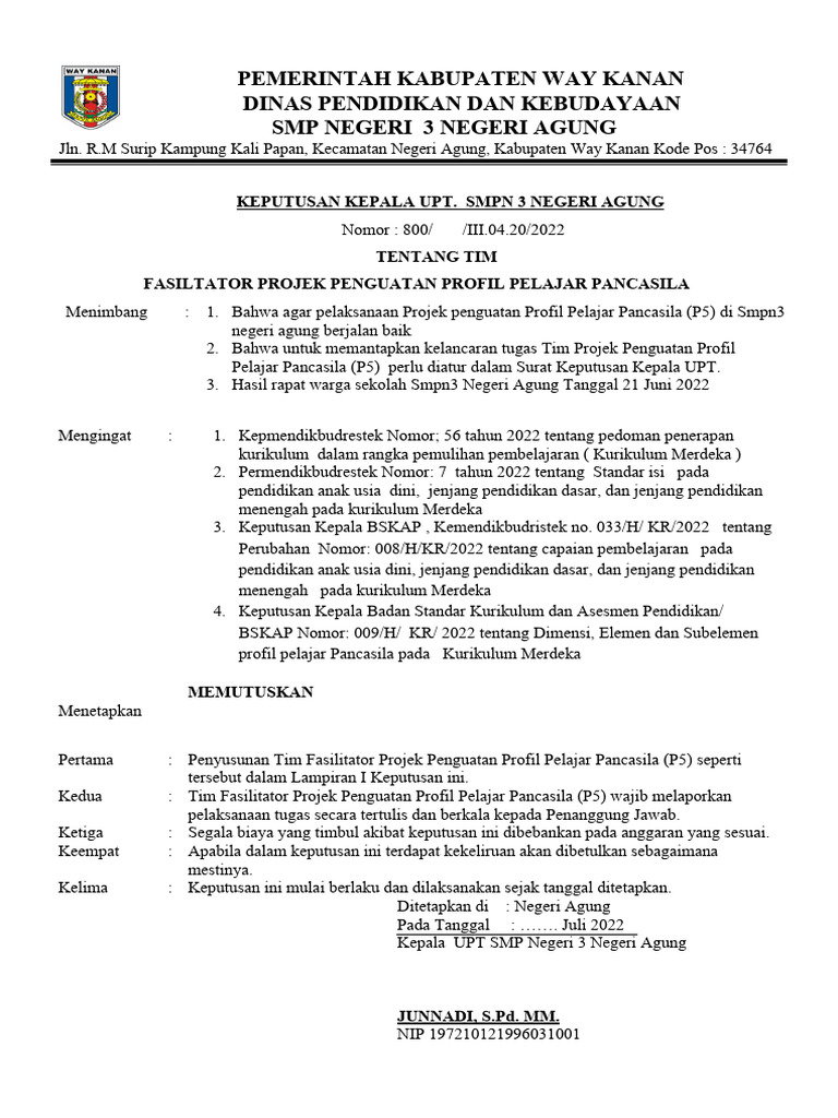 SK Tim Fasilitator P5 SMP Negeri Agung | PDF | Karier & Perkembangan | Seni