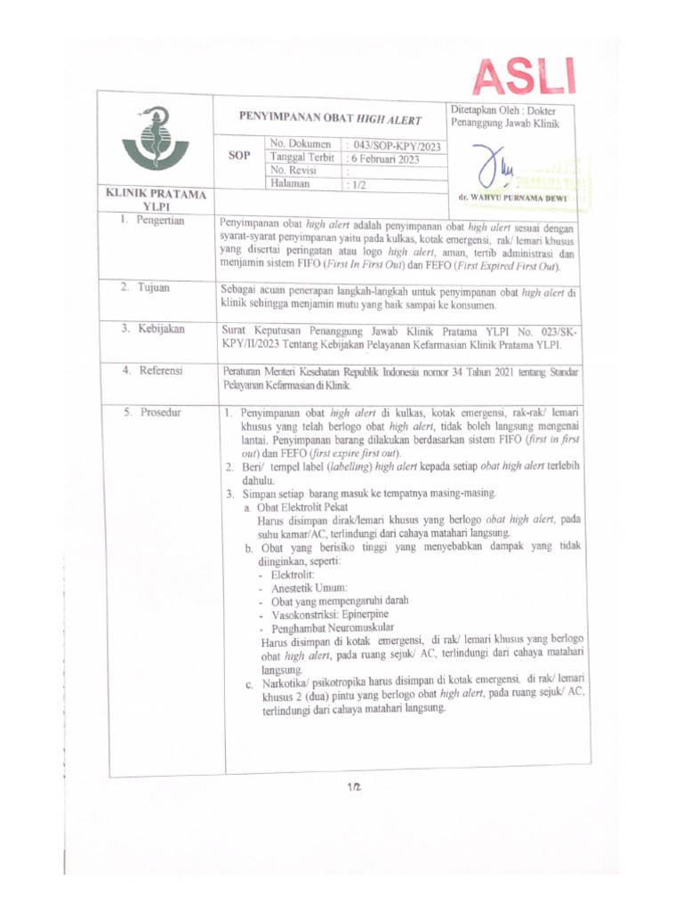 Sk Penyimpanan Obat High Alert Pdf