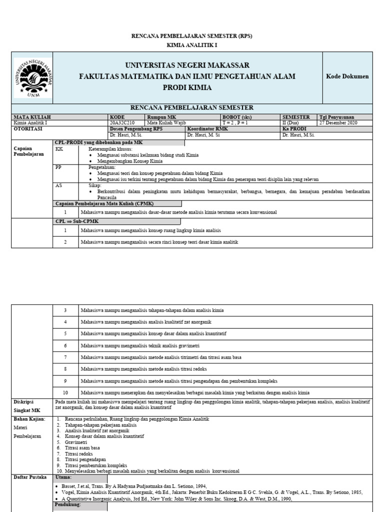 RPS Kimia Analisis Dasar (KA I) | PDF
