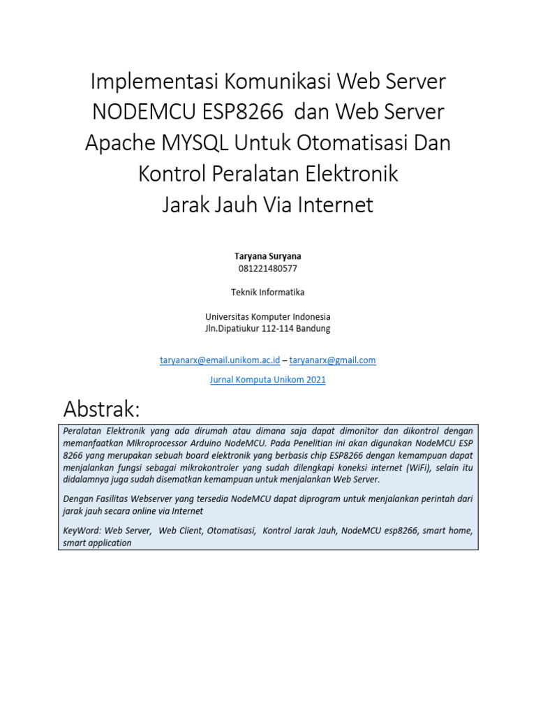 Implementasi Komunikasi Web Server NODEMCU ESP8266 Dan Web Server Apache MYSQL Untuk Otomatisasi ...