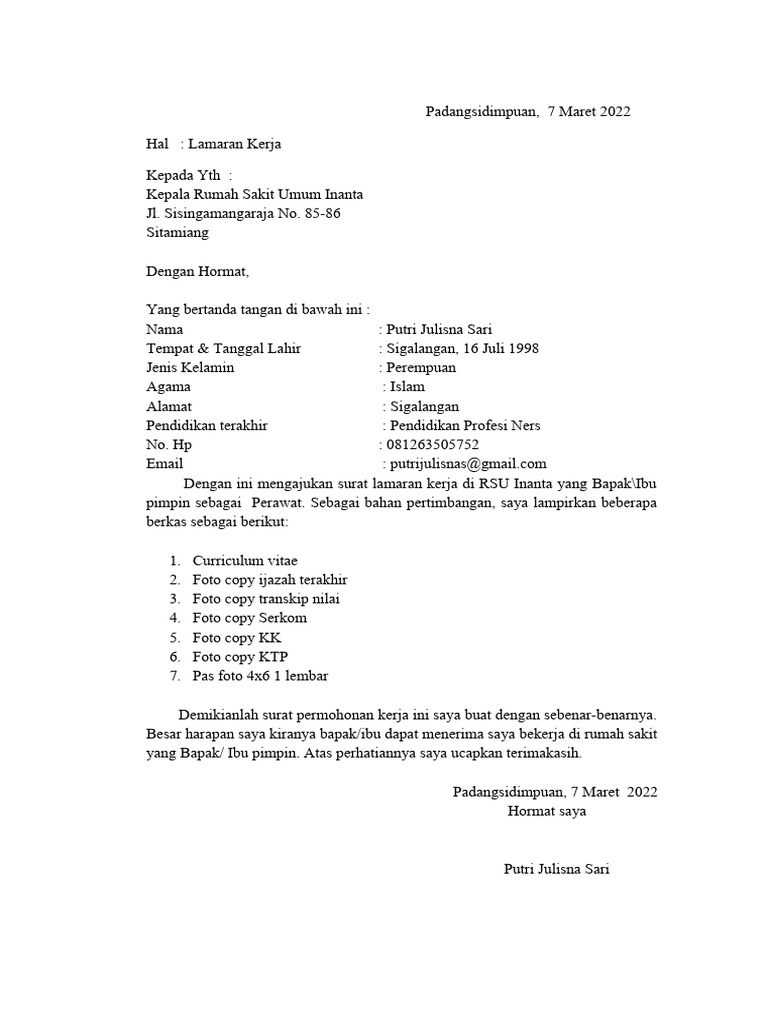 Lamaran Kerja Perawat RSU Inanta | PDF