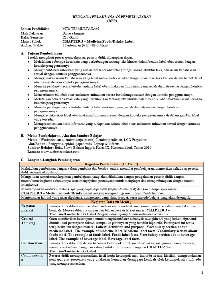 RPP 1 Lembar B.ing Kelas 9 k13 | PDF