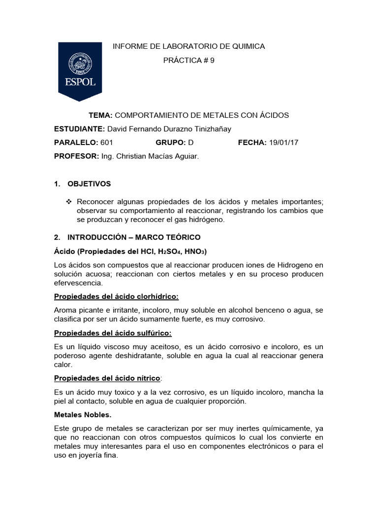 Informe de Laboratorio de Quimica # 10 | PDF | Ácido clorhídrico | Ácido