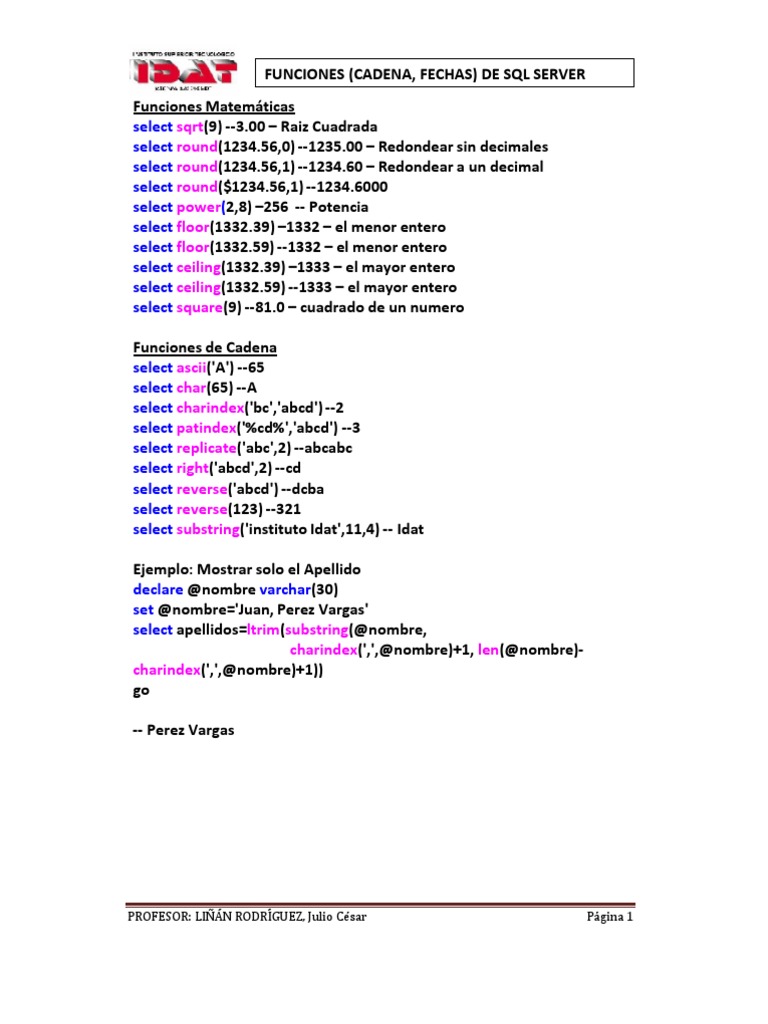 Ejemplos Select Funciones | PDF | Tabla (base de datos) | SQL