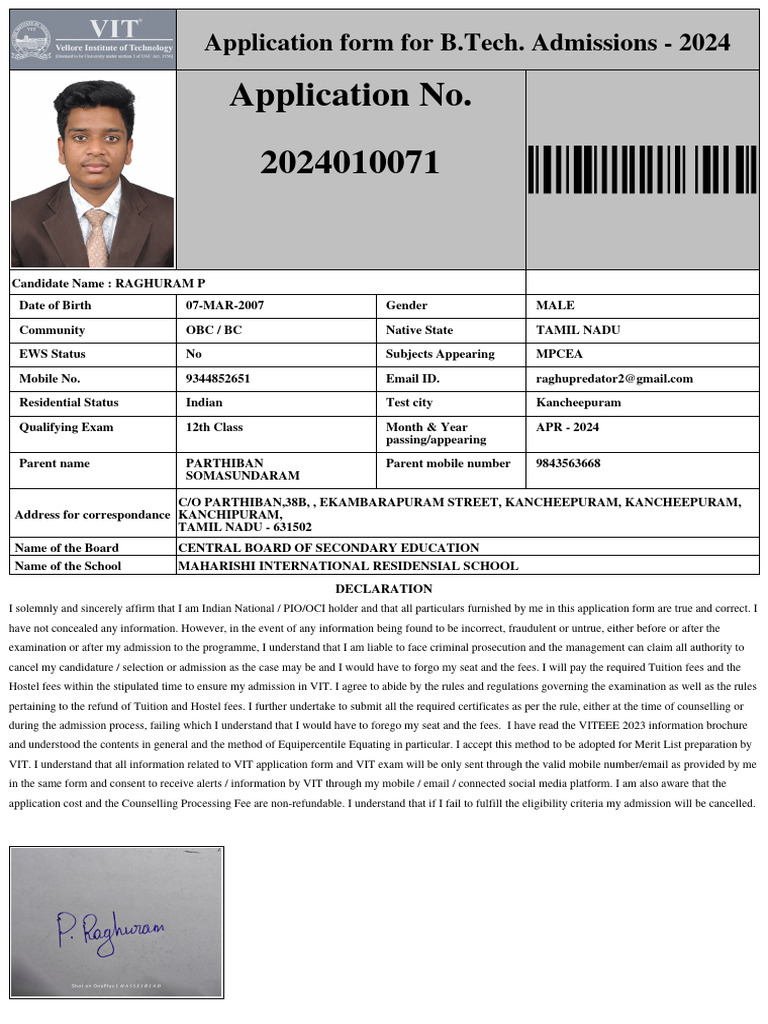 Application No. 2024010071: Application Form For B.Tech. Admissions ...