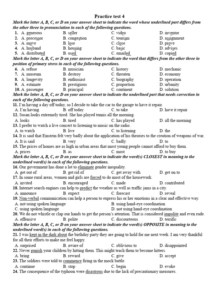 Practice Test 4 | PDF | Pollution | Water