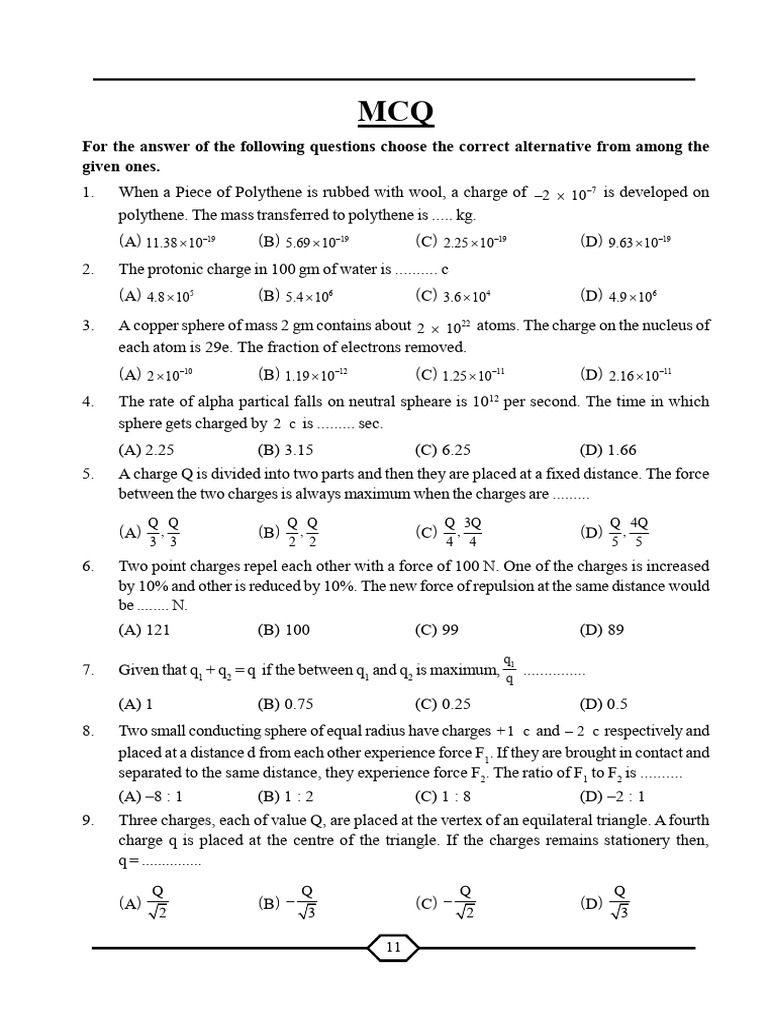 Electrostatis Worksheet Mcqs | PDF | Capacitor | Capacitance