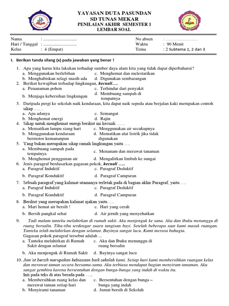 Soal Pas KLS 4 Tema 2 | PDF