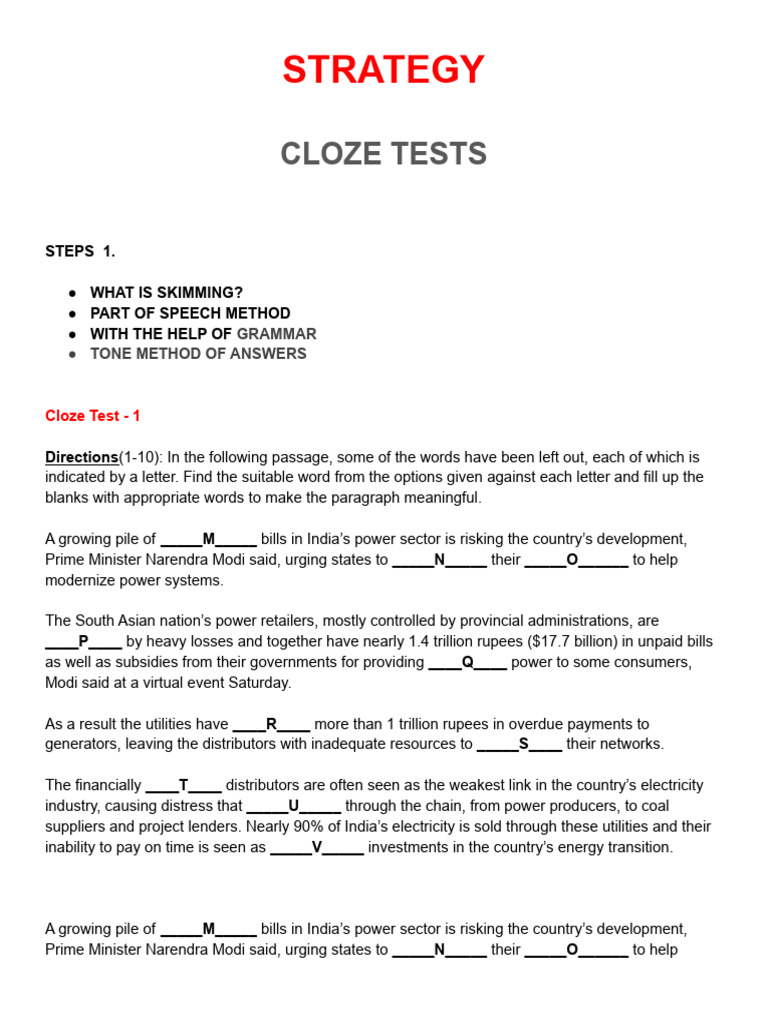 STRATEGY CLOZE TESTS (25 Aug 2022) | PDF