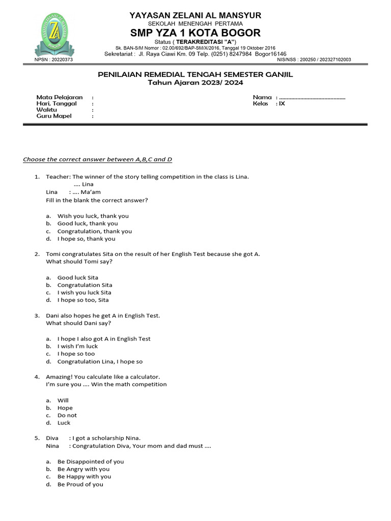 UJIAN REMEDIAL TENGAH SEMESTER 1 Kelas 9 | PDF | Linguistics | Grammar