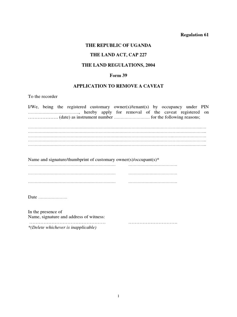 Land Form39 Application To Remove A Caveat | PDF