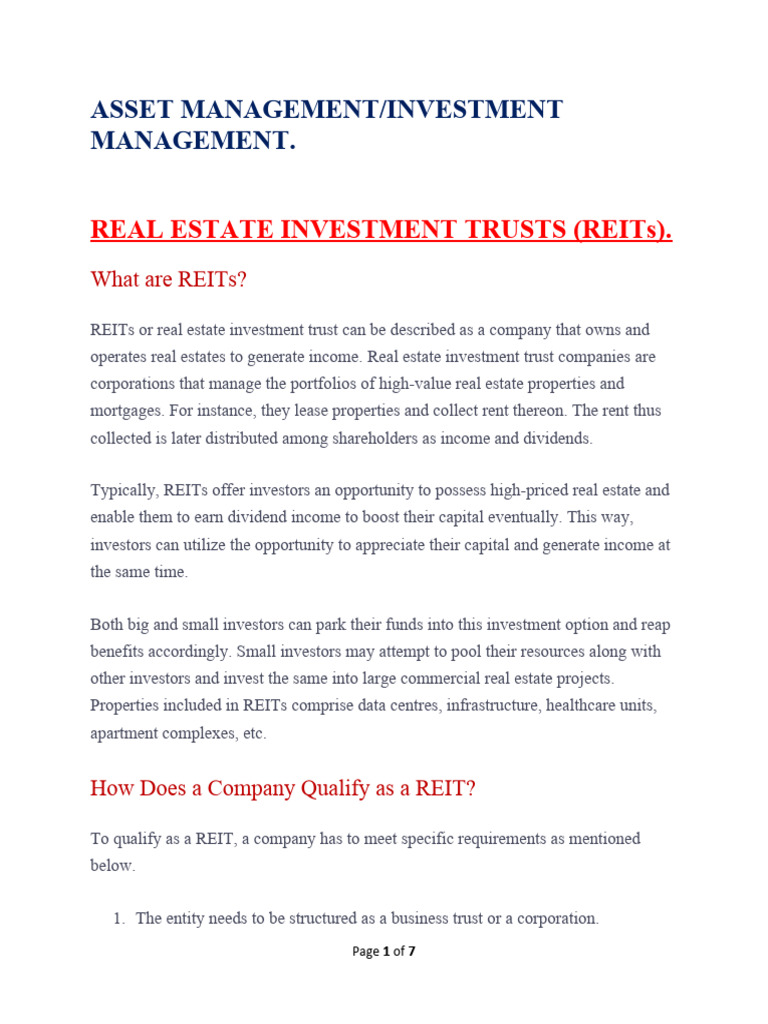 Understanding REITs for Investors | PDF | Real Estate Investment Trust | Investing