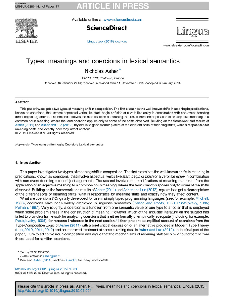Asher, N. (2015) - Types, Meanings, and Coercions in Lexical Semantics. | PDF | First Order ...