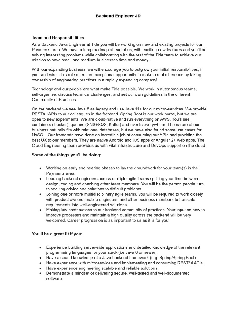 Backend Engineer JD | PDF | Agile Software Development | Scrum (Software Development)