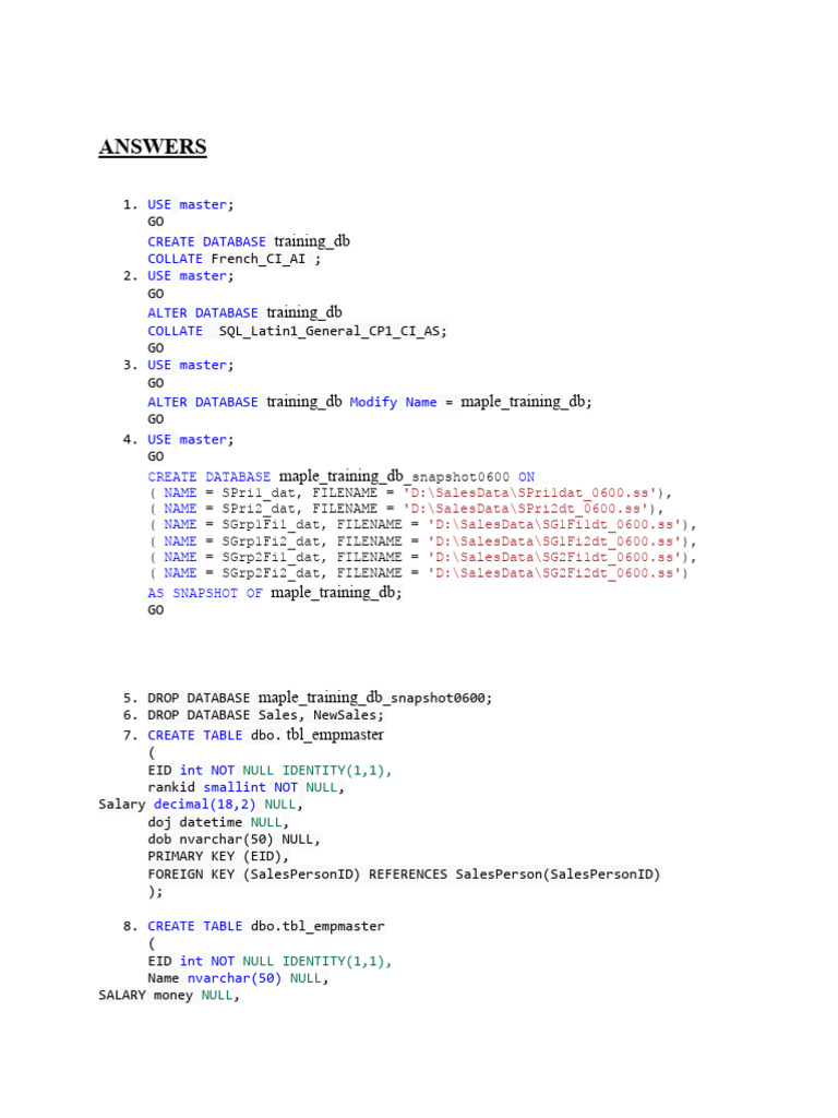 SQL Training Exam Answers | PDF