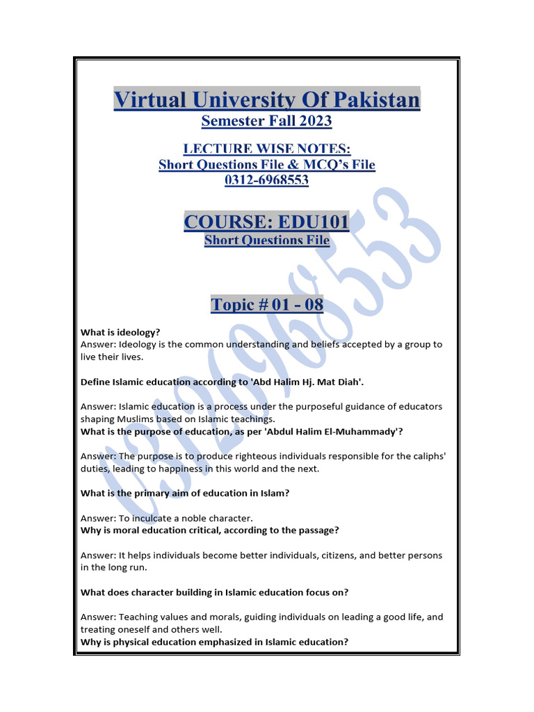 EDU101 (Short Questions File Lecture Wise) 03126968553 | PDF | Reinforcement | Learning