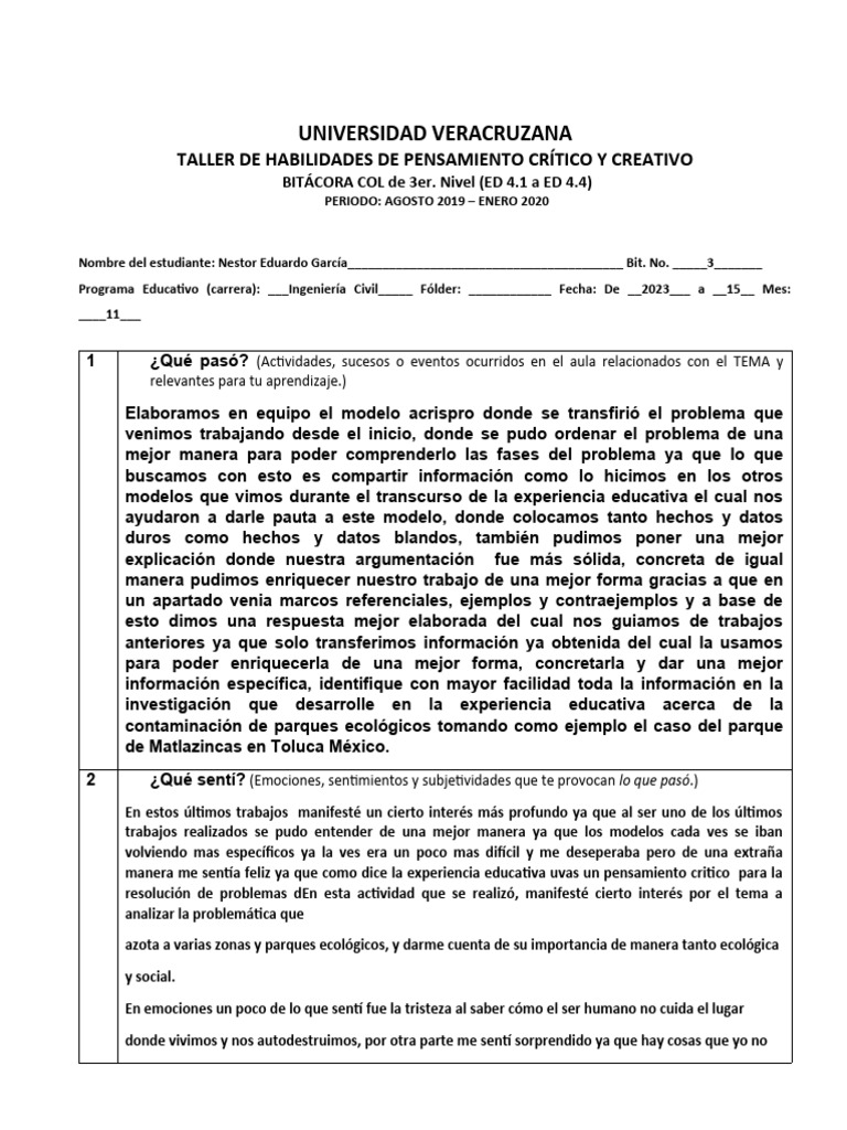 Act09 Formato de Bitacora COL de Tercer Nivel | PDF | Experiencia | Pensamiento crítico