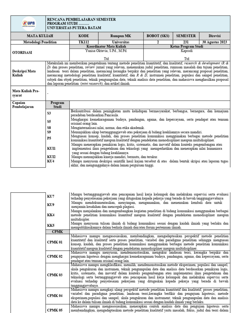 RPS - TK112 - Metodologi Penelitian UPB 2023 | PDF
