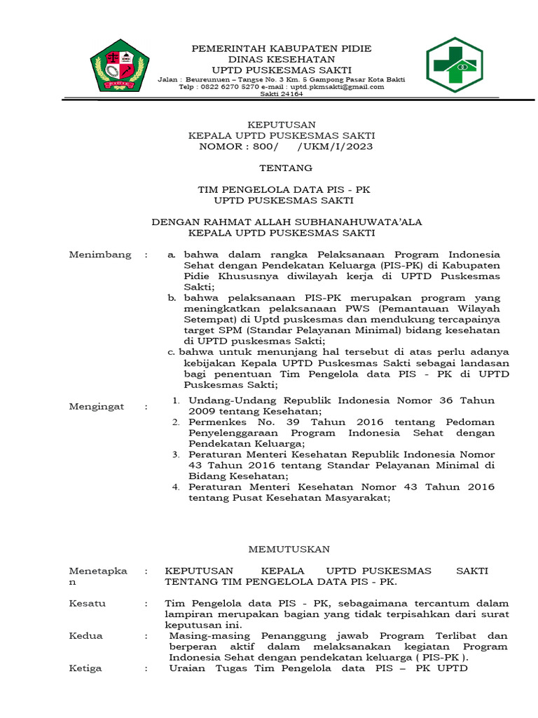 Tim Pengelola Data PIS-PK Puskesmas Sakti | PDF