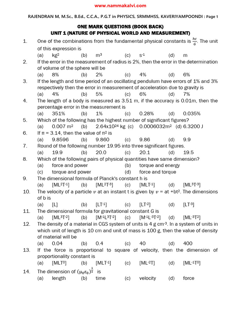 Namma Kalvi 11th Physics Book Back One Mark Questions EM 221386 | PDF | Gases | Acceleration