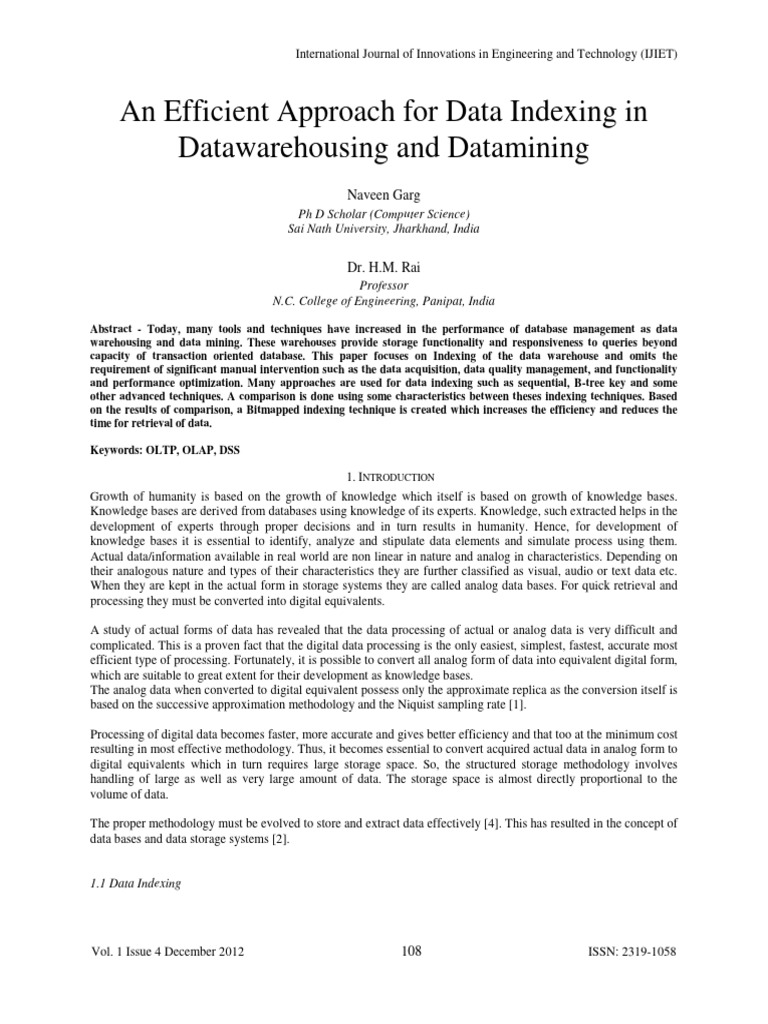 An Efficient Approach For Data Indexing in Datawarehousing and Datamining | PDF | Database Index ...