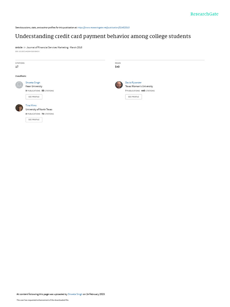 Understanding Creditcard Payment Behavior Among College Students | PDF