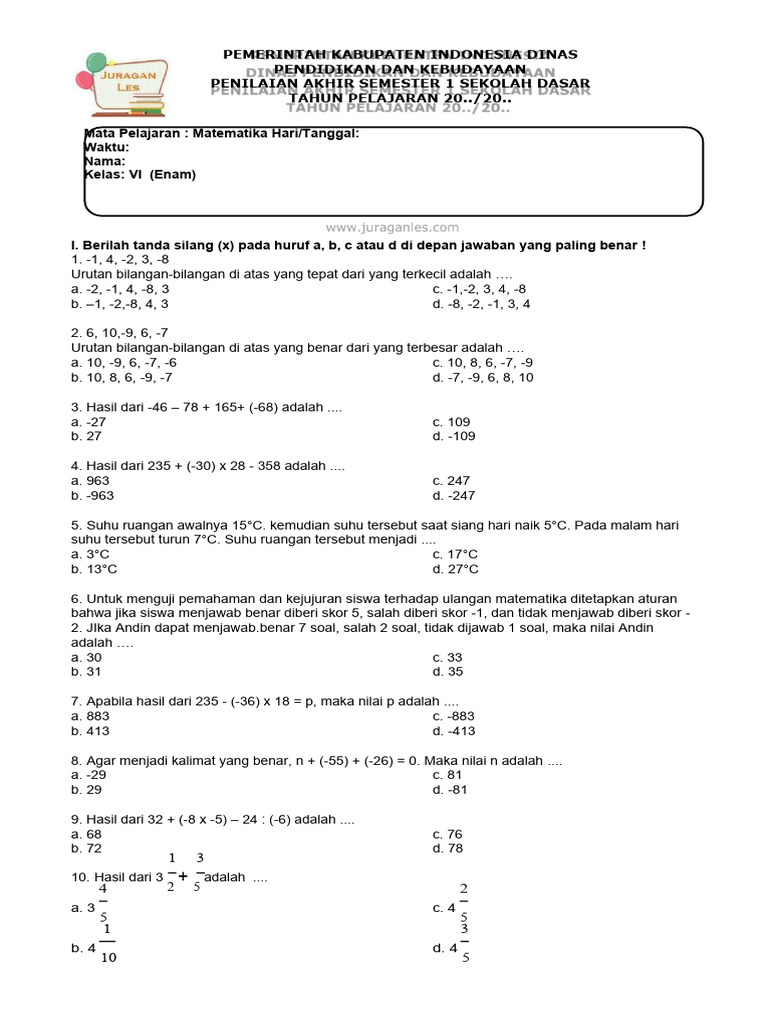Soal PAS Matematika Kelas 6 Semester 1 Tahun 2022-Compressed | PDF