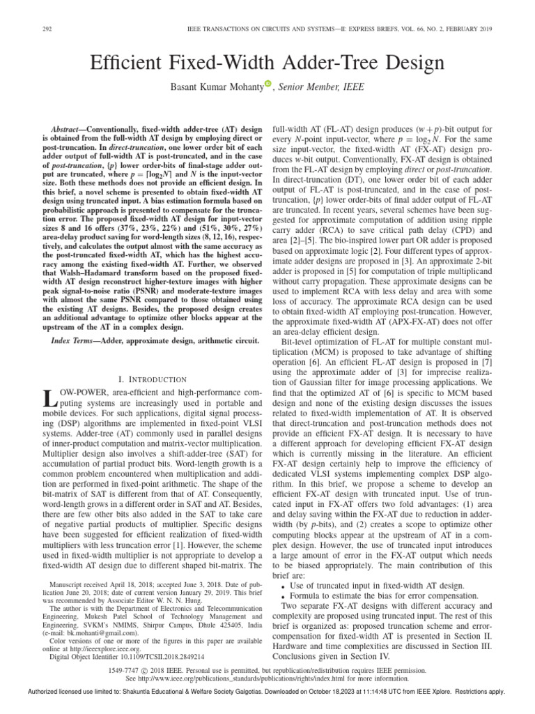 Efficient Fixed-Width Adder-Tree Design | PDF | Digital Signal Processing | Arithmetic