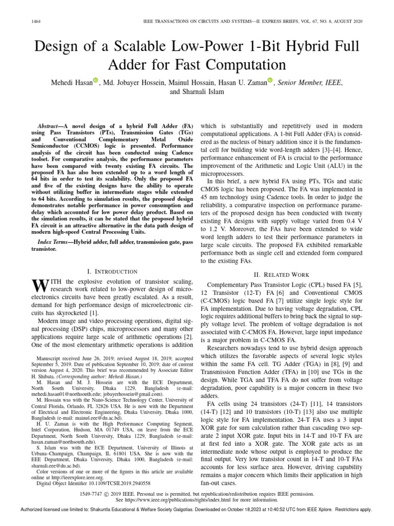 Scalable Low-Power 1-Bit Hybrid Adder | PDF | Logic Gate | Electronic ...
