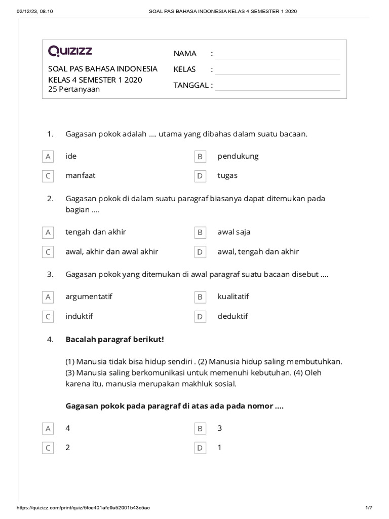 Soal Pas Bahasa Indonesia Kelas 4 Semester 1 2020 | PDF
