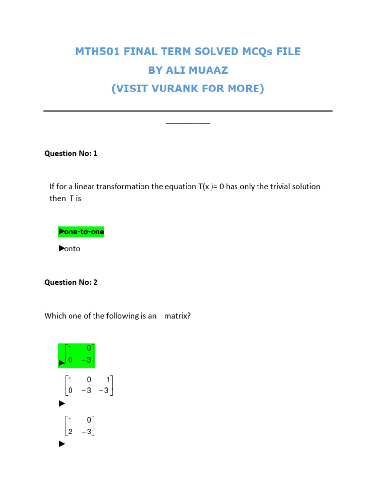 Mth501 Final Term Solved Mcqs File | PDF | Matrix (Mathematics) | Determinant