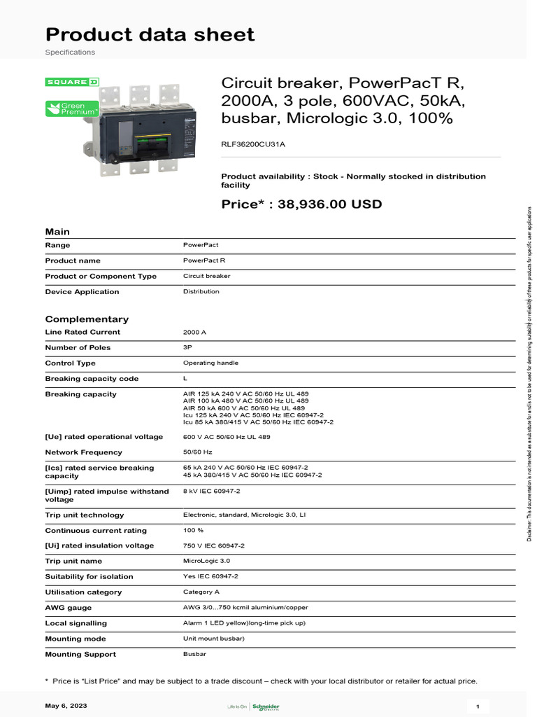 PowerPacT R-Frame Molded Case Circuit Breakers - RLF36200CU31A | PDF ...