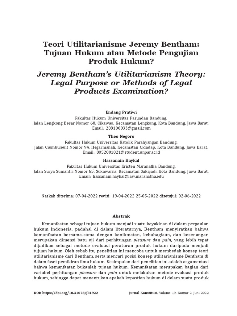 Utilitarianisme Bentham dalam Hukum | PDF