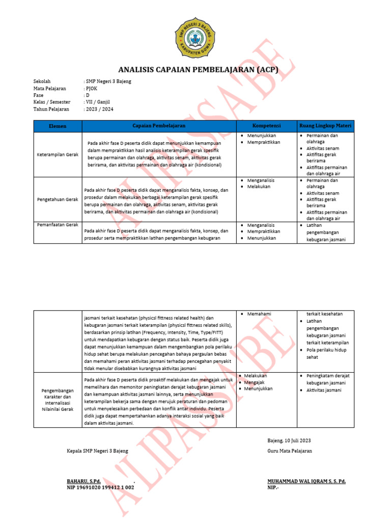 Contoh Tujuan Pembelajaran PJOK Fase D | PDF