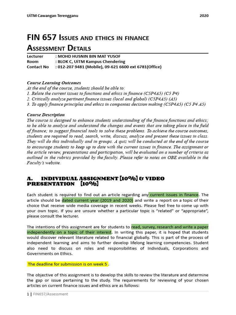 FIN 657 I A D: Ssues and Ethics in Finance Ssessment Etails | PDF | Critical Thinking | Behavior ...
