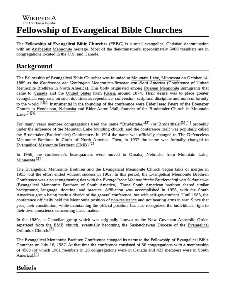Fellowship of Evangelical Bible Churches | PDF | Christian Pacifism ...