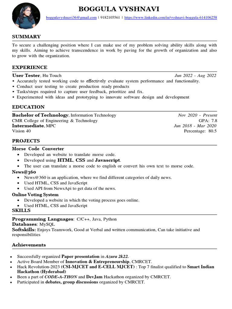 Vyshnavi Resume | PDF | Java Script | Computing