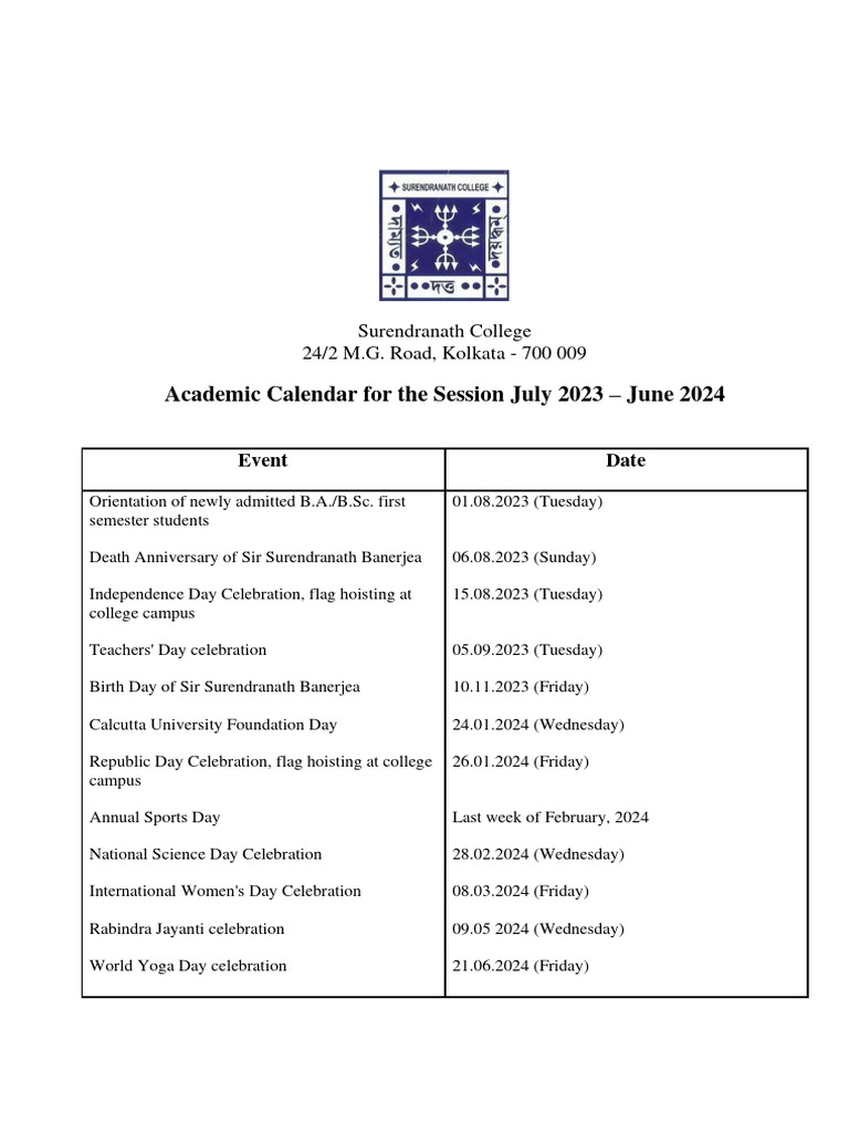 Surendranath College Academic Calendar 2023-24 | PDF | Academic Term ...