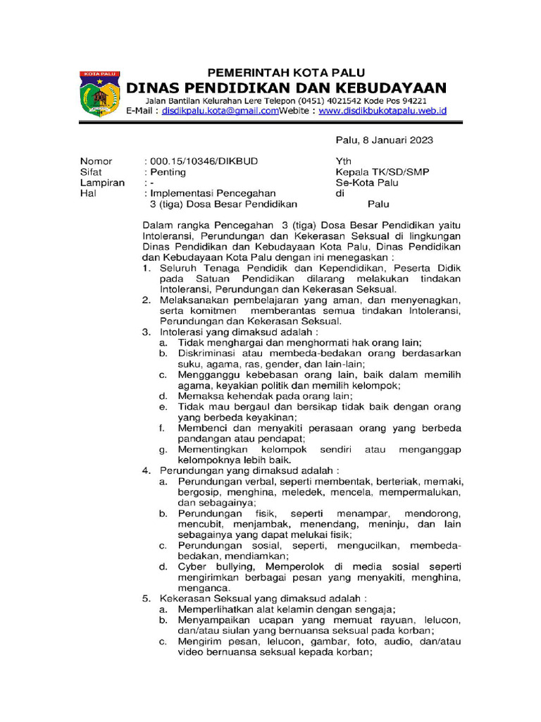 Surat Edaran Implementasi 3 Dosa Besar Pendidikan | PDF